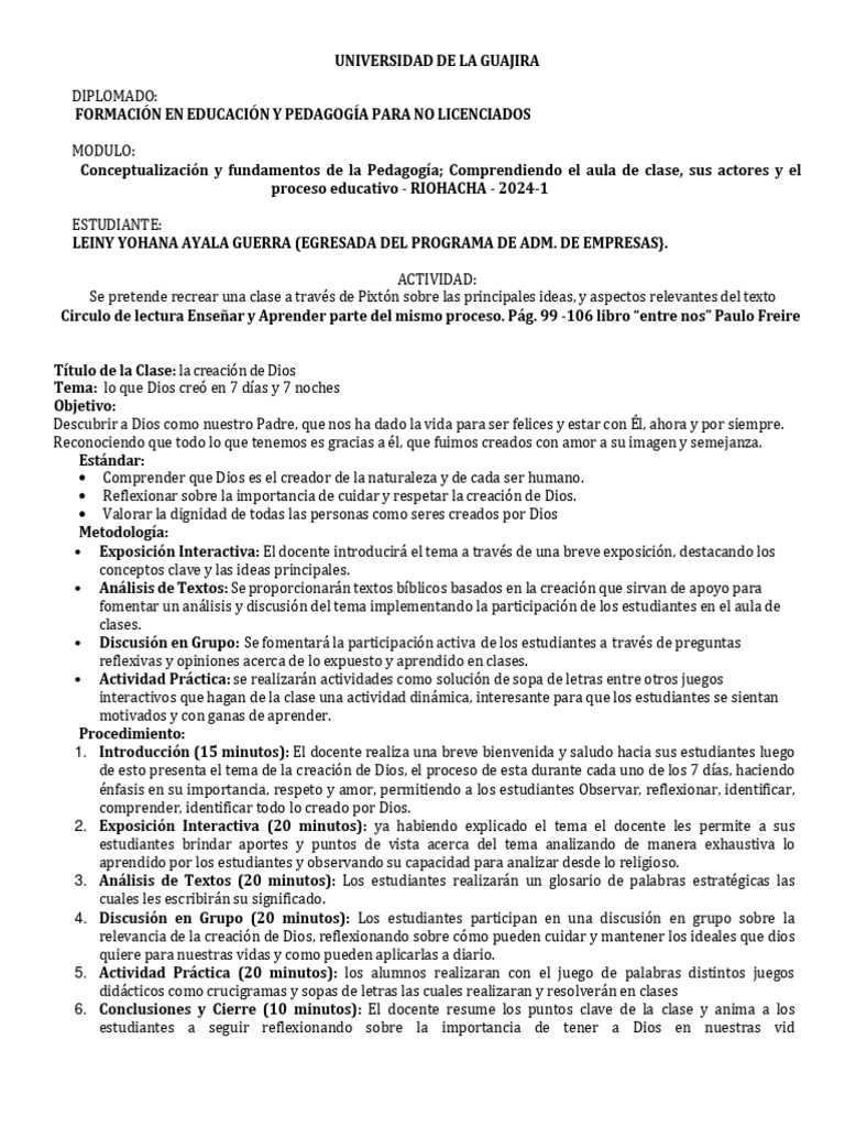 recreacion_de_la_clase_sobre_la_creaci_n_de_Dios | PDF | Maestros | Pedagogía