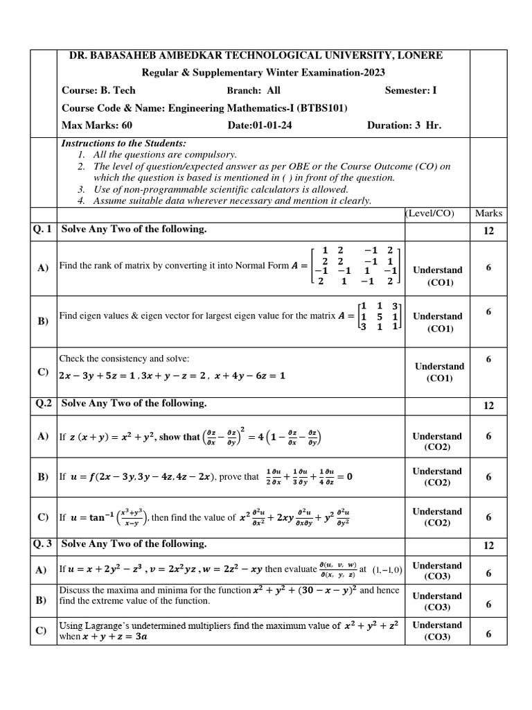 Engineering Mathematics-I | PDF | Eigenvalues And Eigenvectors | Algebra