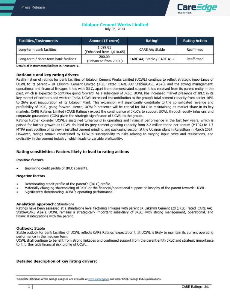 Udaipur Cement Works: CARE Ratings Update | PDF | Clean Development ...