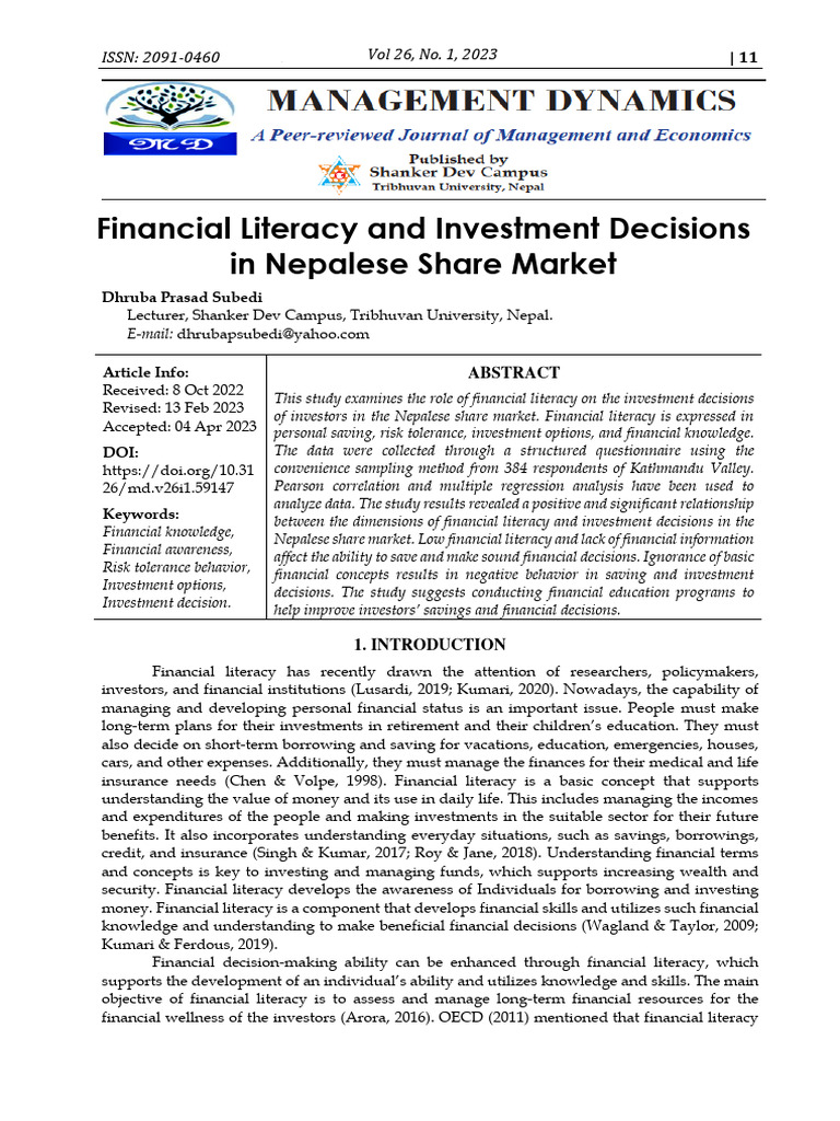 Financial Literacy's Impact on Nepalese Investments | PDF | Coefficient ...