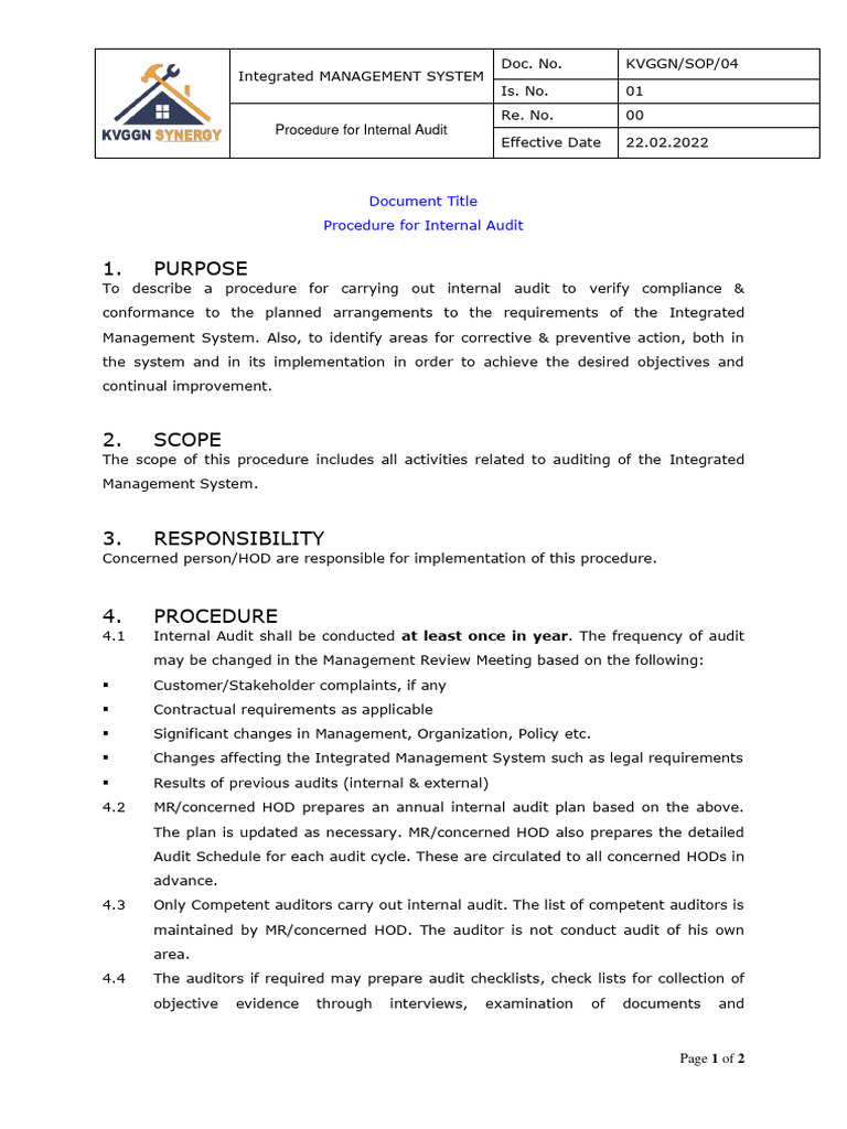 KVGGN - Sop - 04-Internal Audit | PDF | Audit | Internal Audit