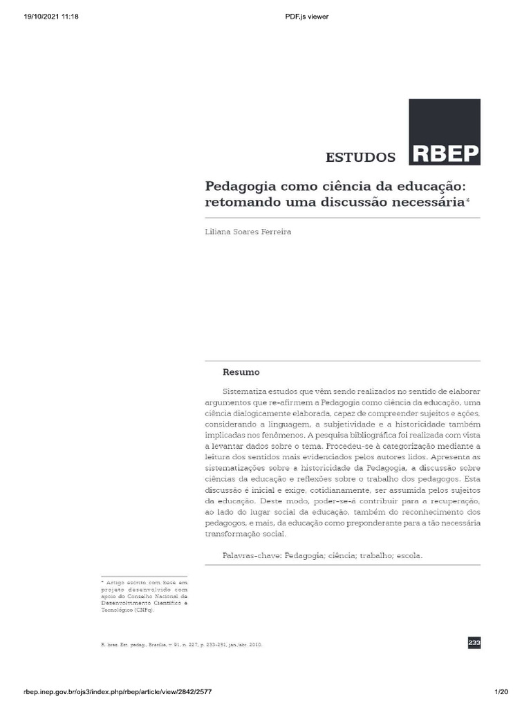 Pedagogia Como Ciência Da Educação Retomando Uma Discussão Necessária | PDF