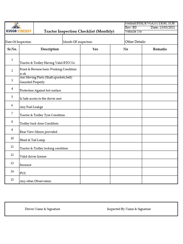 Monthly Tractor Inspection Checklist | PDF | Technology & Engineering