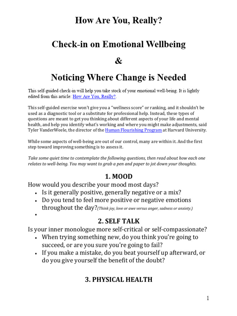 Check-In On Emotional Wellbeing QUESTIONS | PDF | Well Being | Mood ...