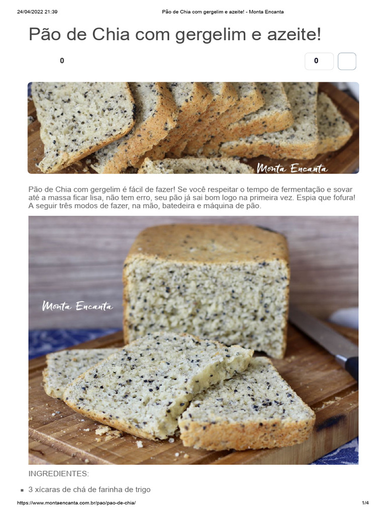 Pão de Chia Com Gergelim e Azeite! - Monta Encanta | PDF | Pães | Chá