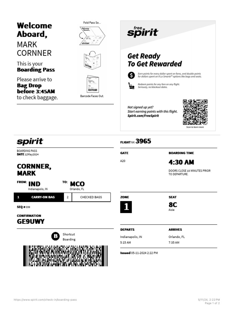 Check in - Boarding Pass | Spirit Airlines | Download Free PDF ...