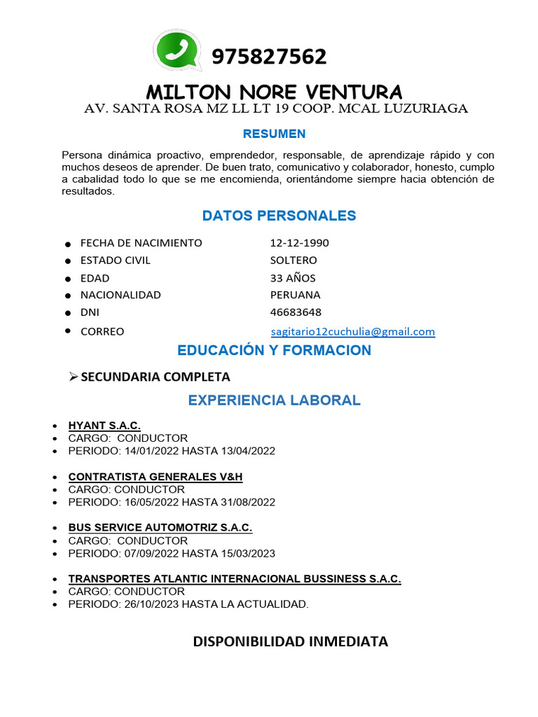 Cv Milton Nore Ventura | Descargar gratis PDF | Documento de identidad | Información