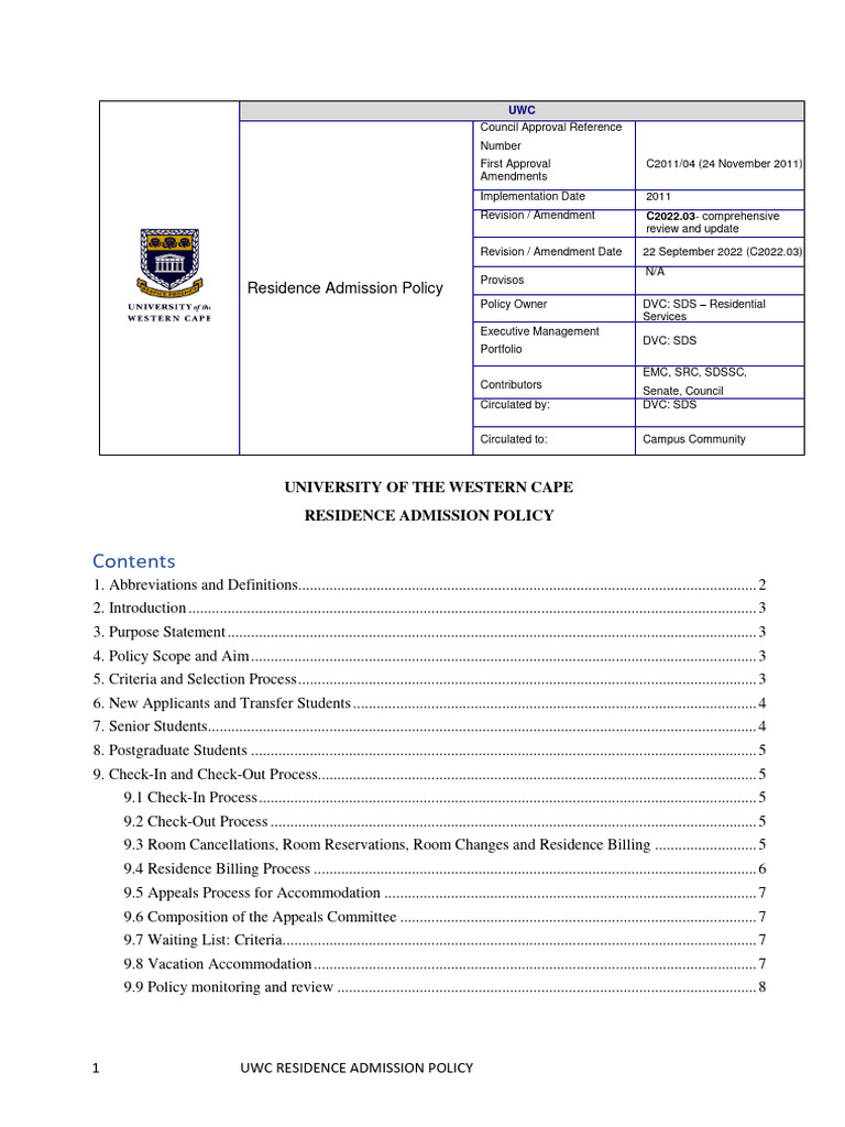 UWC Residence Admission Guidelines | PDF | Postgraduate Education ...