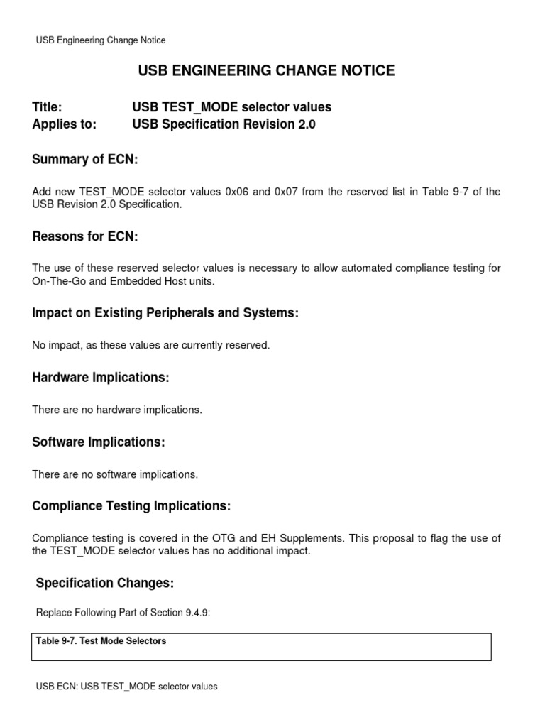 ECN for Core Spec TEST_MODE Selector Values | PDF | Usb | Computer ... ECN for Core Spec TEST_MODE Selector Values | PDF | Usb | Computer ...