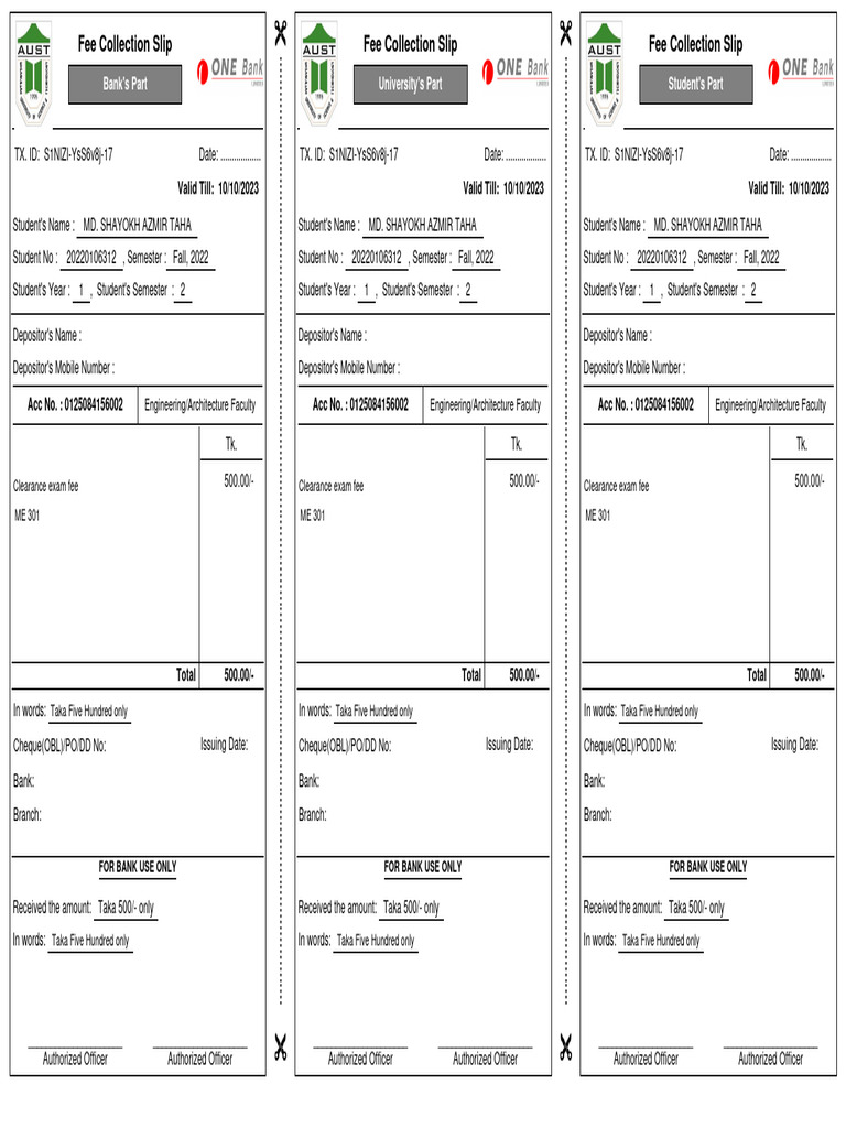 Fee Collection Slip Fee Collection Slip Fee Collection Slip: Bank's Part University's Part ...