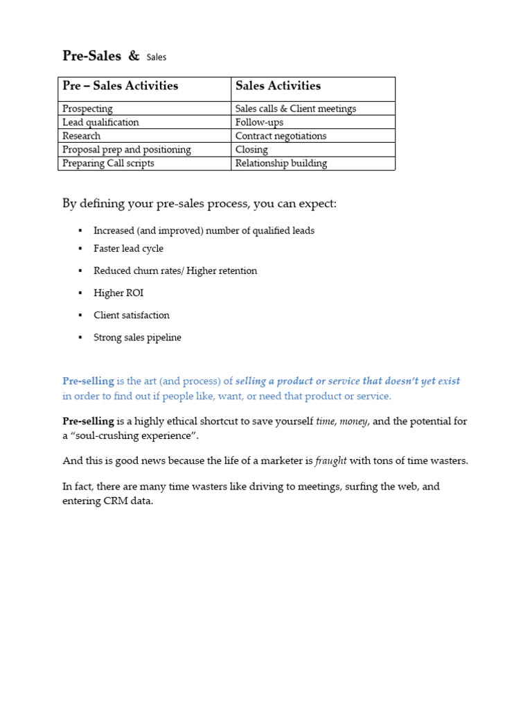 Pre Sales, Inside Sales, Up Selling & Cross Selling | PDF | Sales ...