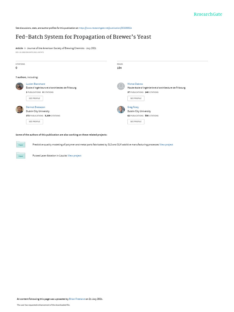 Fed-Batch System For Propagation of Brewer's Yeast: Journal of The ...