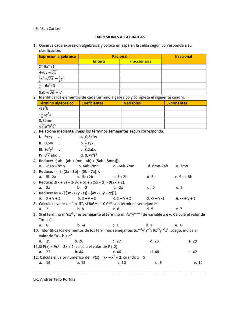 Ejercicios Sobre Expresiones Algebraicas | PDF | Matemáticas | Matemática Elemental