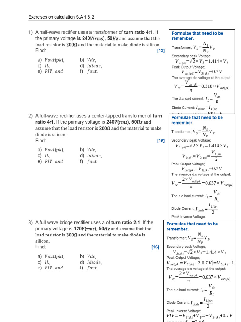 Rectifier and Transistor Circuit Exercises | PDF | Bipolar Junction ...