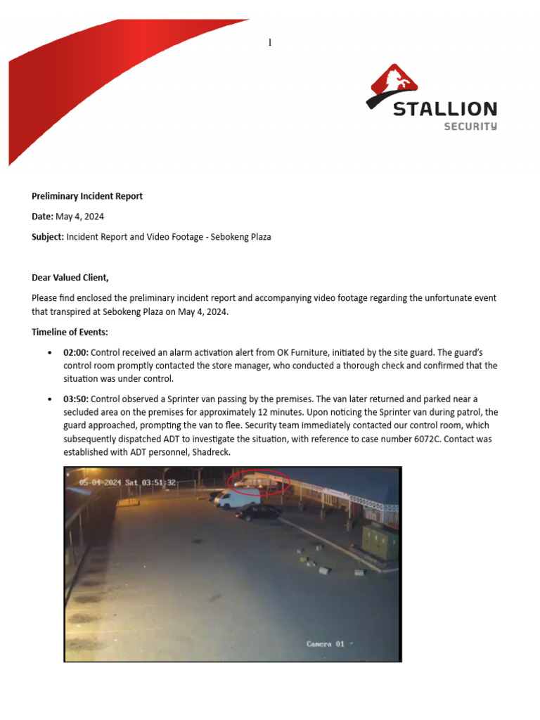 Sebokeng Plaza - Preliminary Incident Report 04 May 2024 | PDF