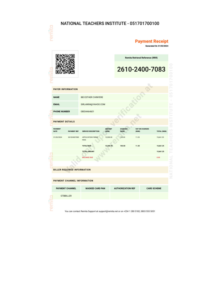 National Teachers Institute Payment Receipt | PDF | Payments | Services ...