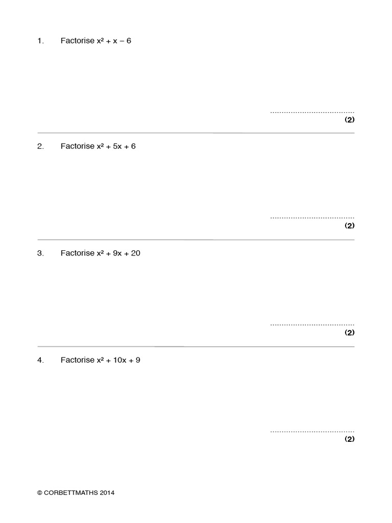 Gcse Mathematics Factorising Quadratics Pdf