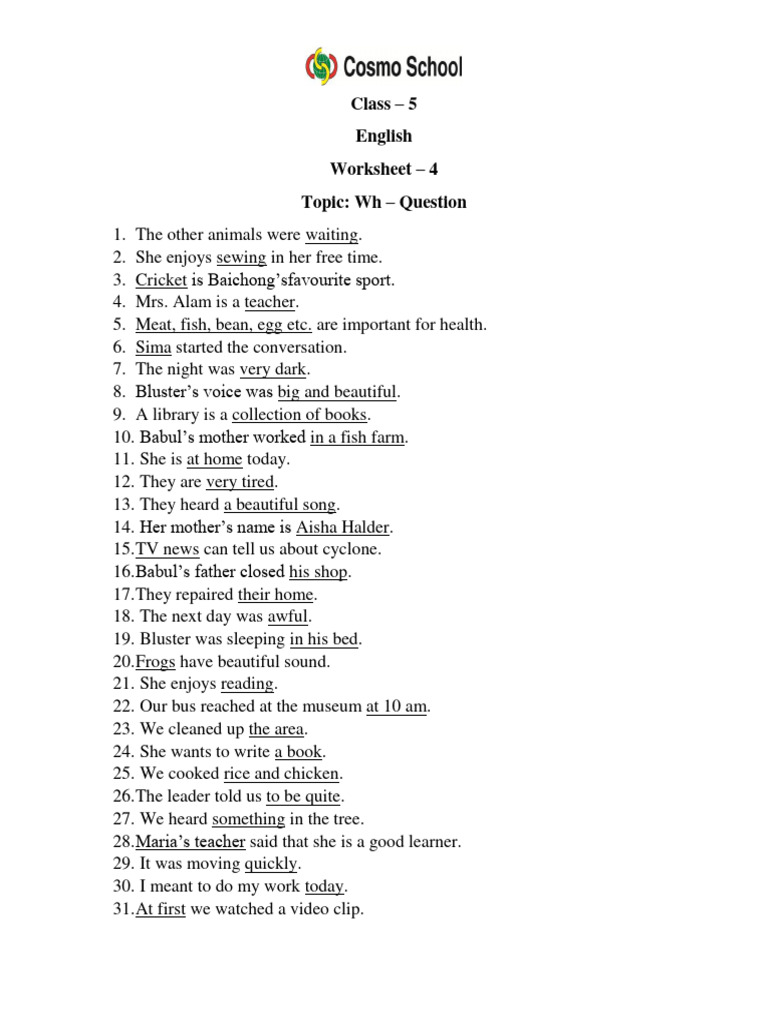 Class - 5, Worksheet - 4, WH - Question | PDF | Art