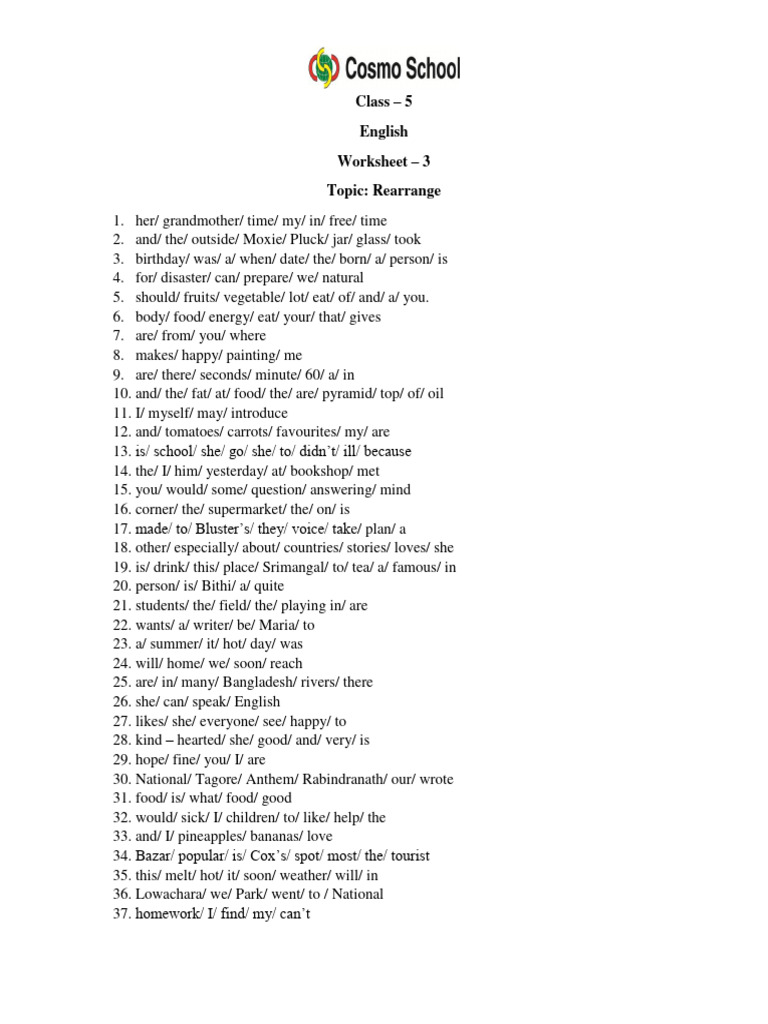 Class 5 Sentence Rearrangement Worksheet | PDF | Foods