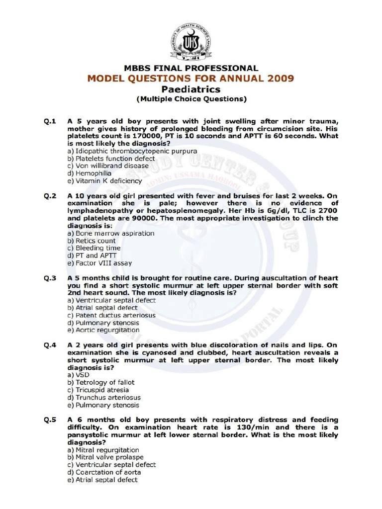 Final Year MBBS UHS Model Paper Pediatrics MCQs (2007 & 2009) by ...