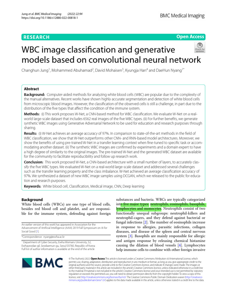 WBC Image Classification and Generative Models Based On Convolutional Neural Network | PDF ...