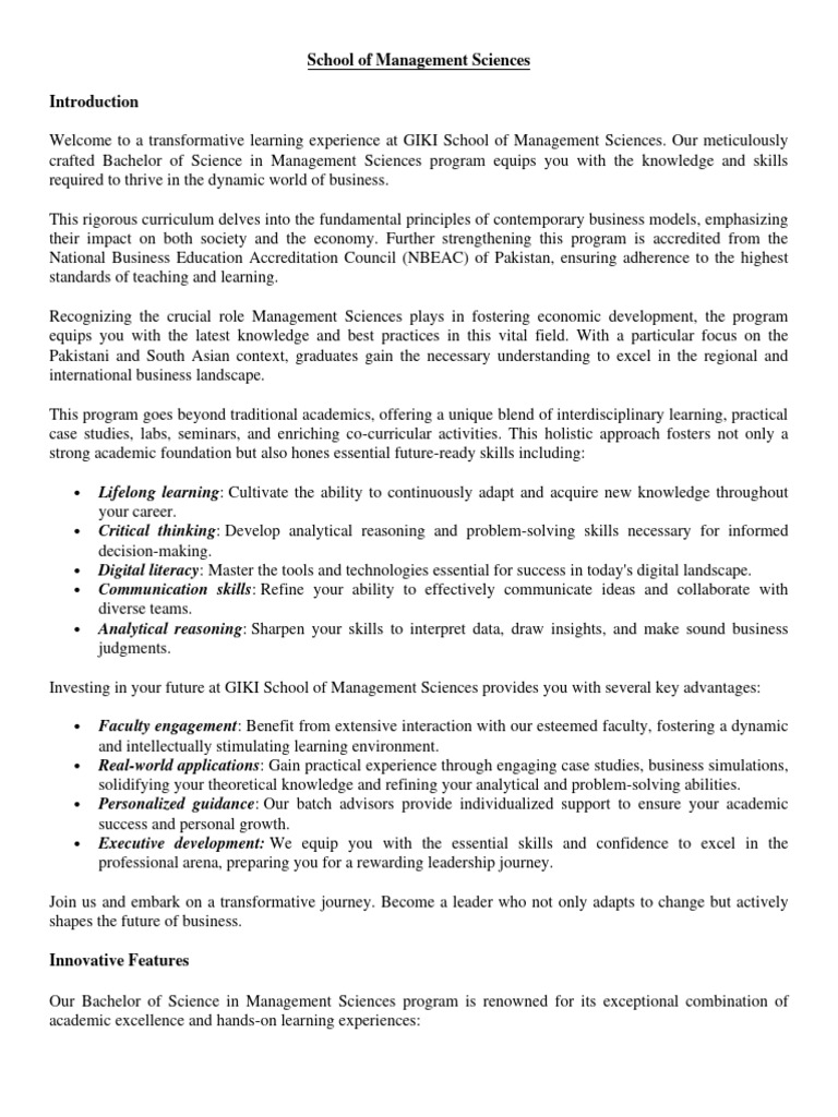 Courses Highlights - GIKI - MGT School - 2024 - Draft | PDF | Critical ...