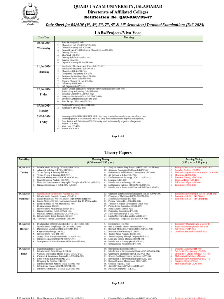 QAU Fall 2023 Exam Schedule | PDF | Mathematics | Psychology