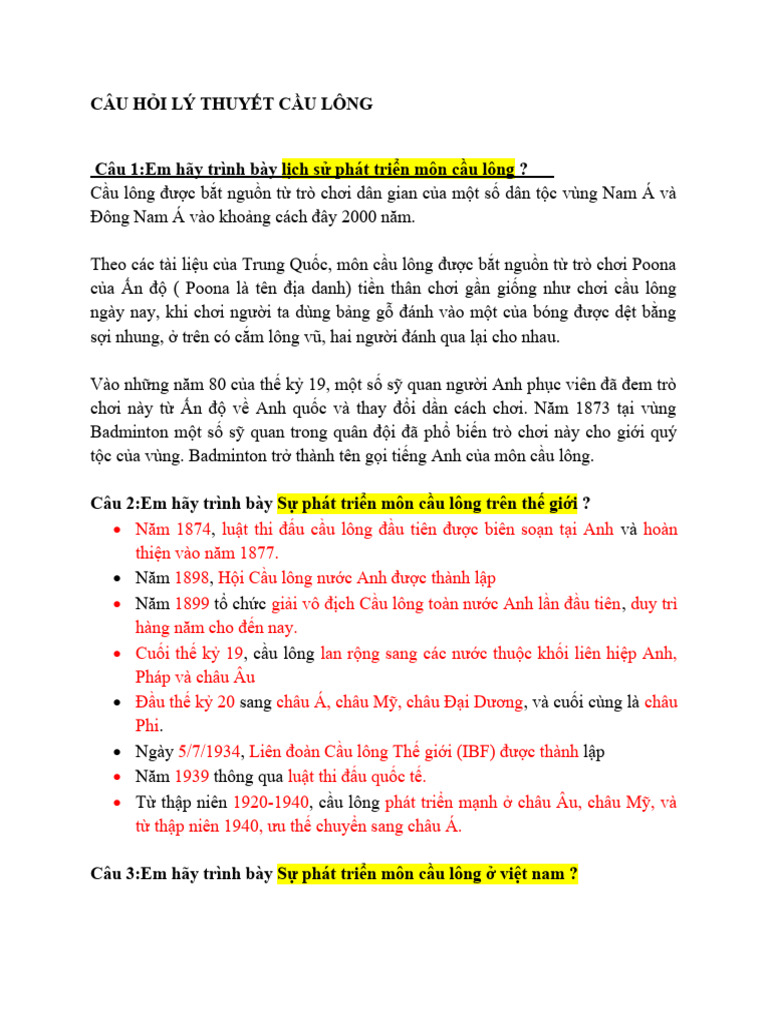 CÂU HỎI LÝ THUYẾT CẦU LÔNG | PDF