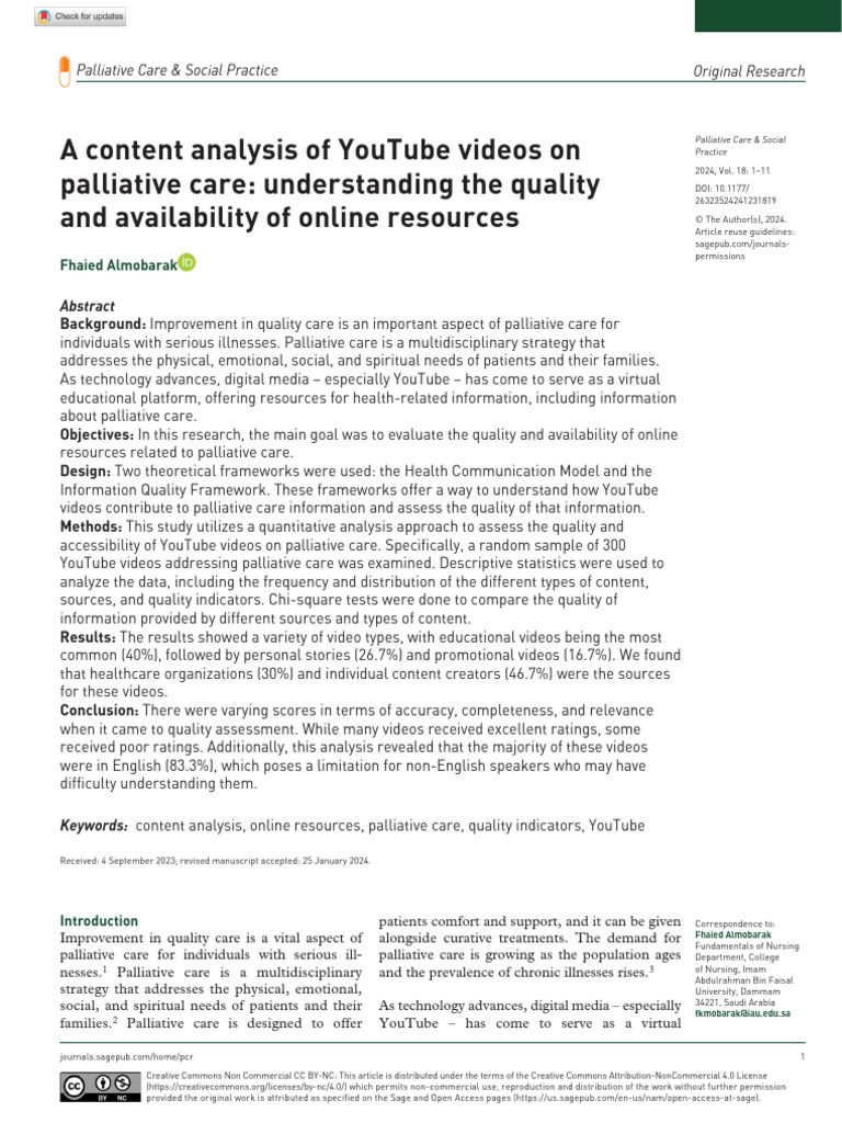 A Content Analysis of YouTube Videos On Palliative Care Understanding ...