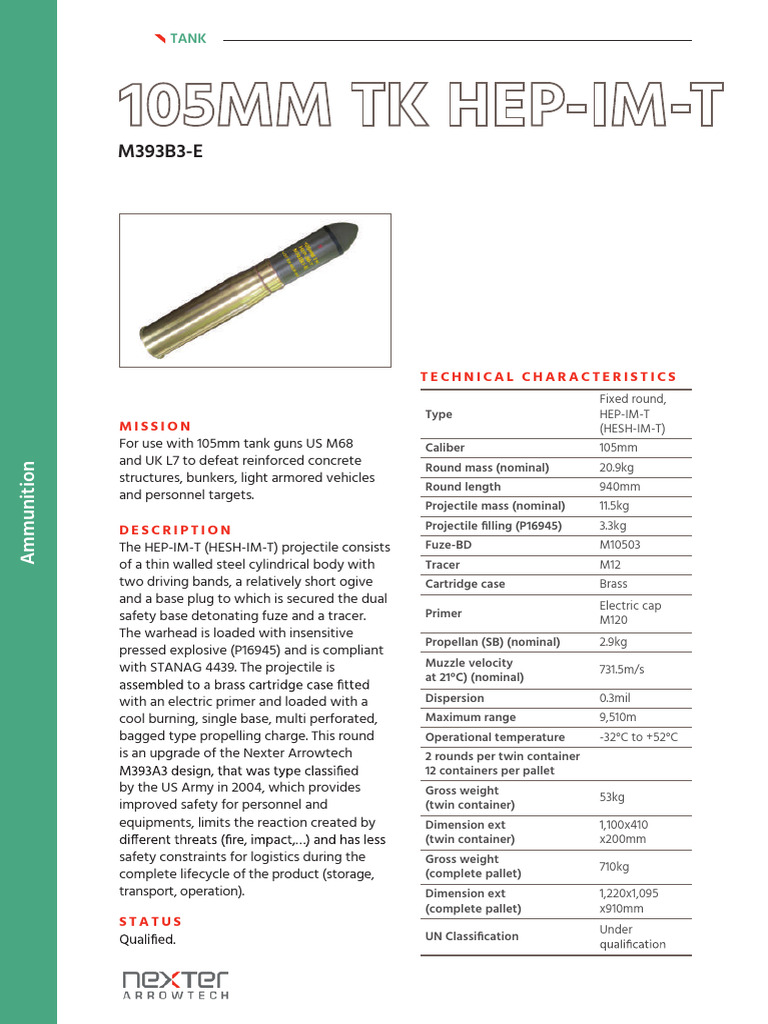 105MM HEP-IM-T Data Sheet | PDF | Shell (Projectile) | Flight