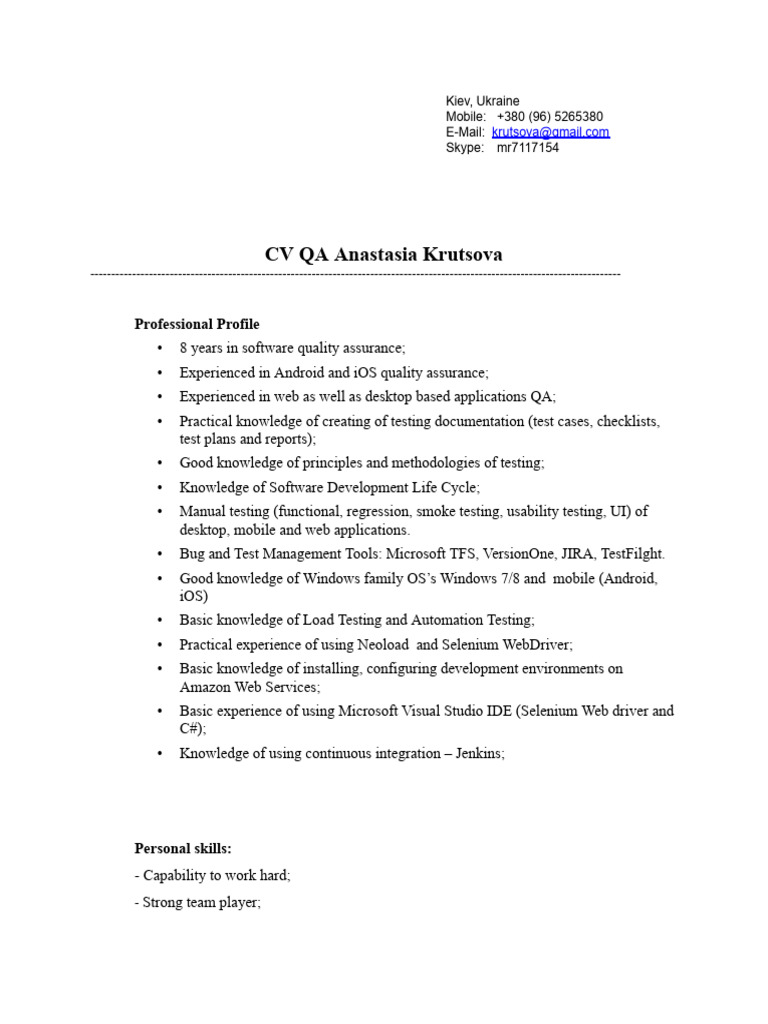 CV AKrutsova QA 2021 | PDF | Android (Operating System) | Selenium (Software)