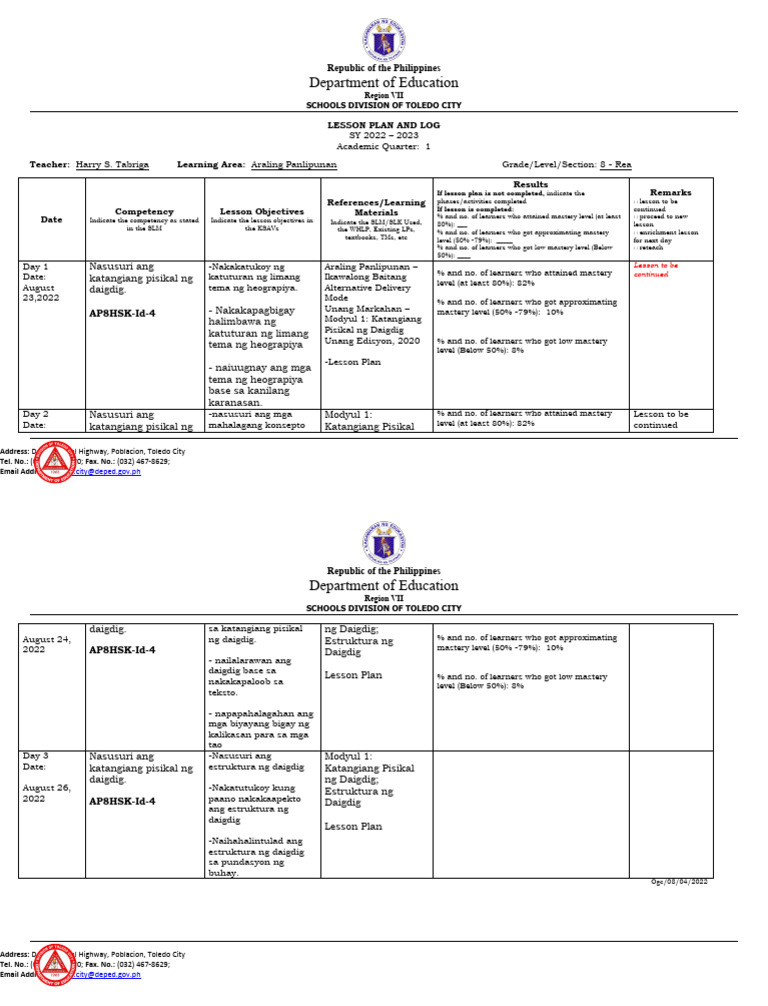 DLL AP8 Q1W1 Estruktura NG Daigdig | PDF | Education Theory | Cognition