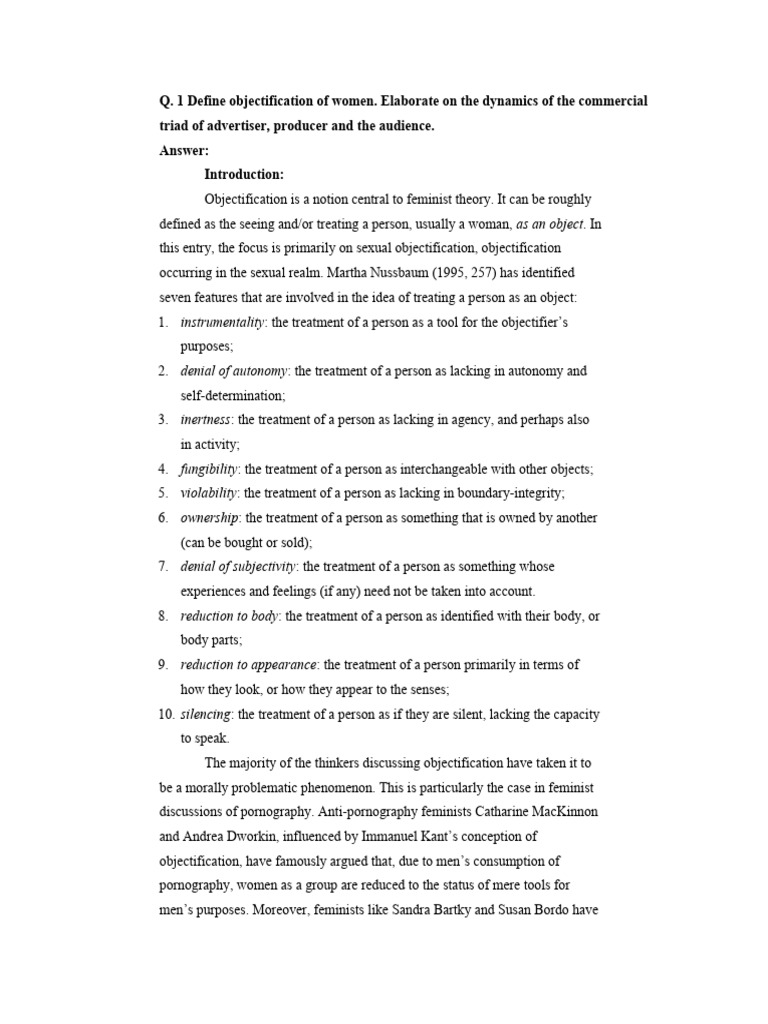 Define Objectification of Women. Elaborate On The Dynamics of The ...