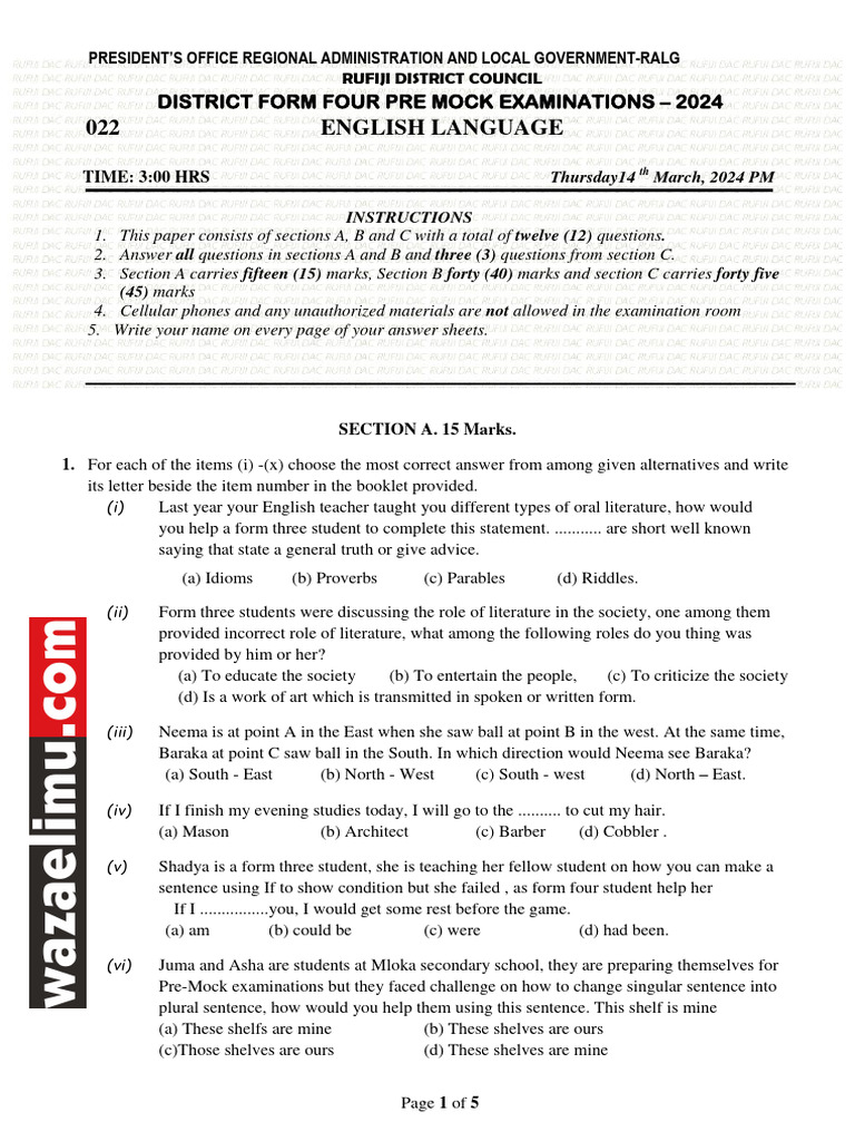 English Pre Mock Exam Iv 2024 | PDF | Language Arts & Discipline