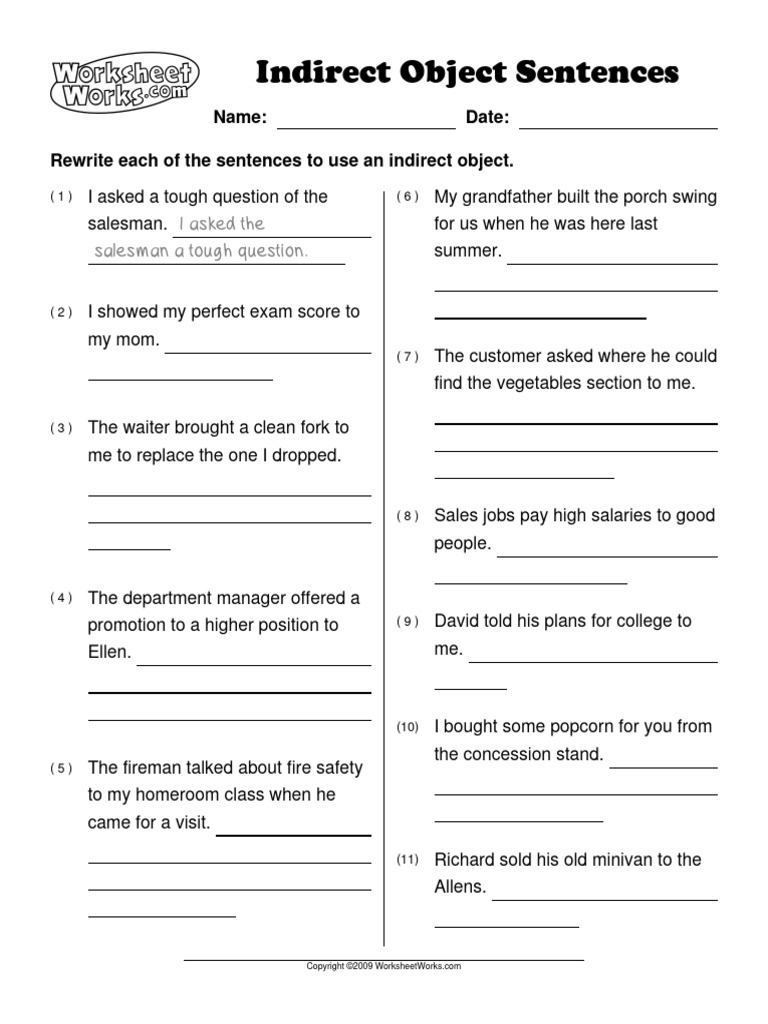 Indirect Object Worksheet | PDF