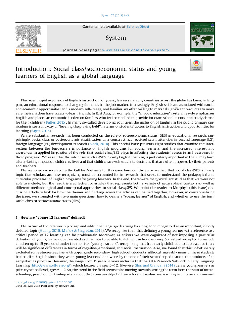 Introduction Social Class Socioeconomic Status and Young Learners ...