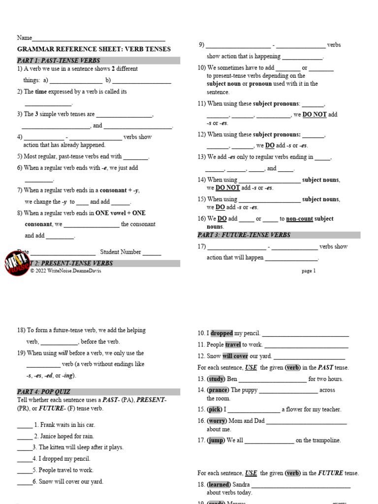 TPT Verb Tenses Ref Sheet W - Answers | PDF | Verb | Grammatical Tense