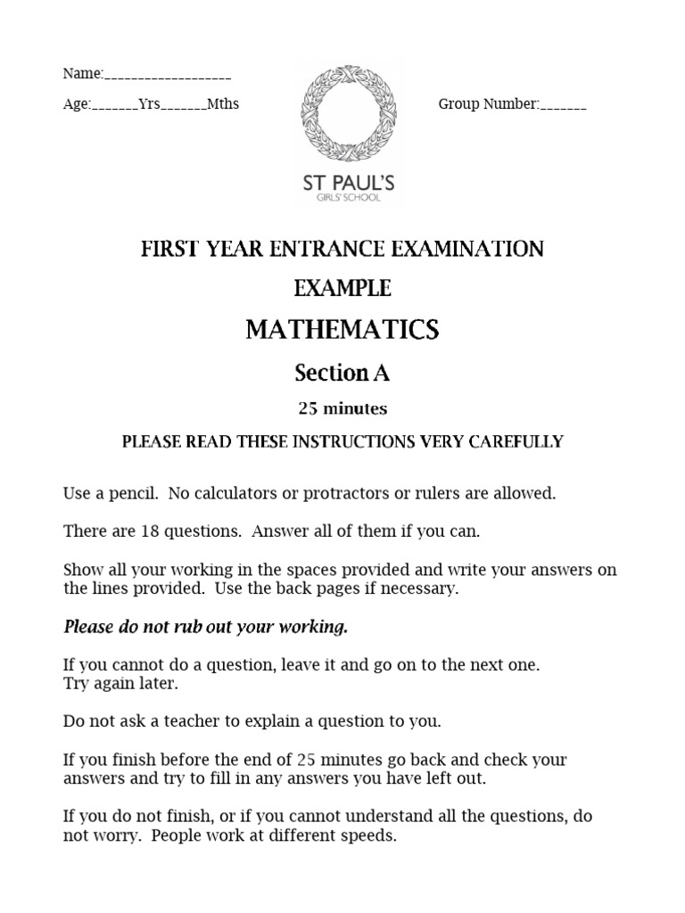 ST Pauls Girls School 11 Plus Sample Maths Paper 1 2017 | PDF | Foot (Unit)