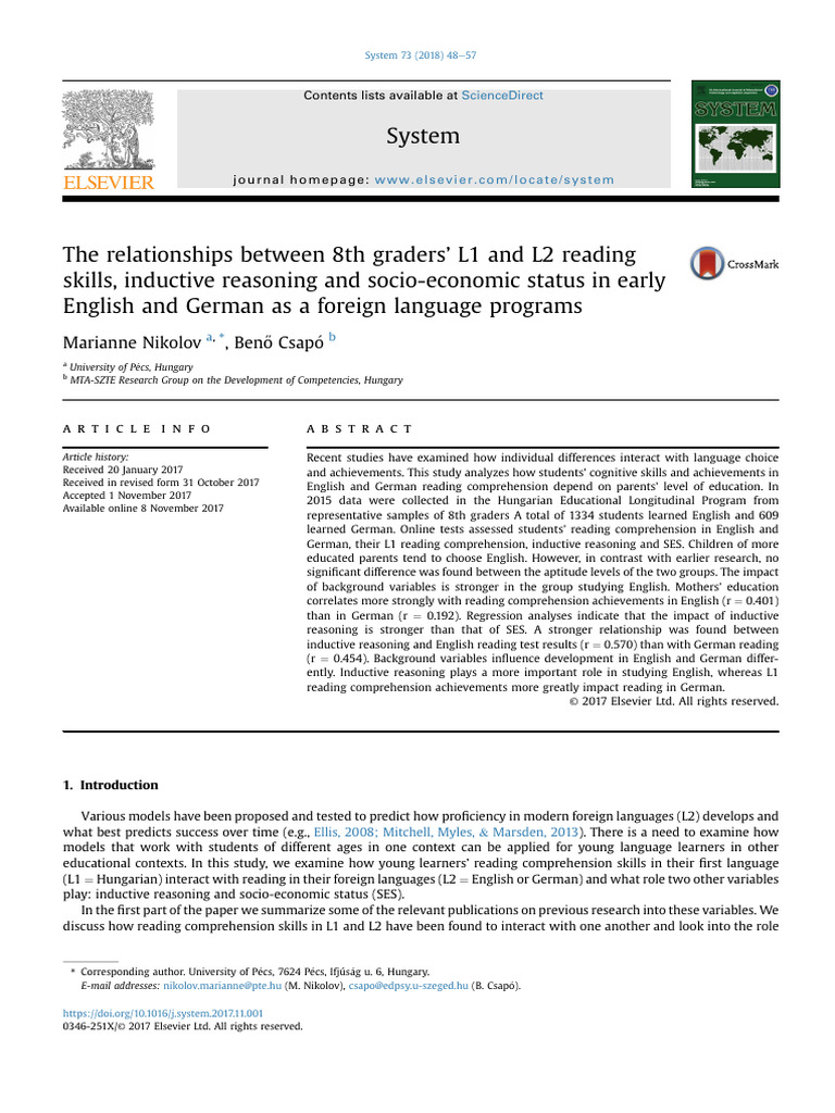 The Relationships Between 8th Graders L1 and L2 Reading Skills Ind ...