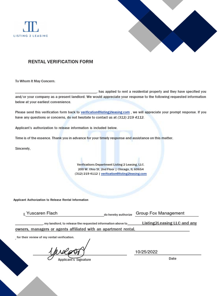 L2L Landlord Verification Form | PDF | Renting | Landlord