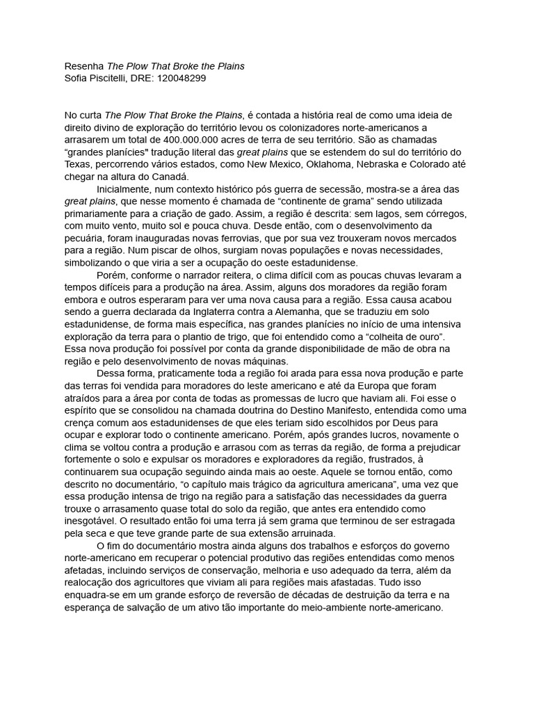 Resenha The Plow That Broke The Plains - Sofia Piscitelli | PDF | Os ...