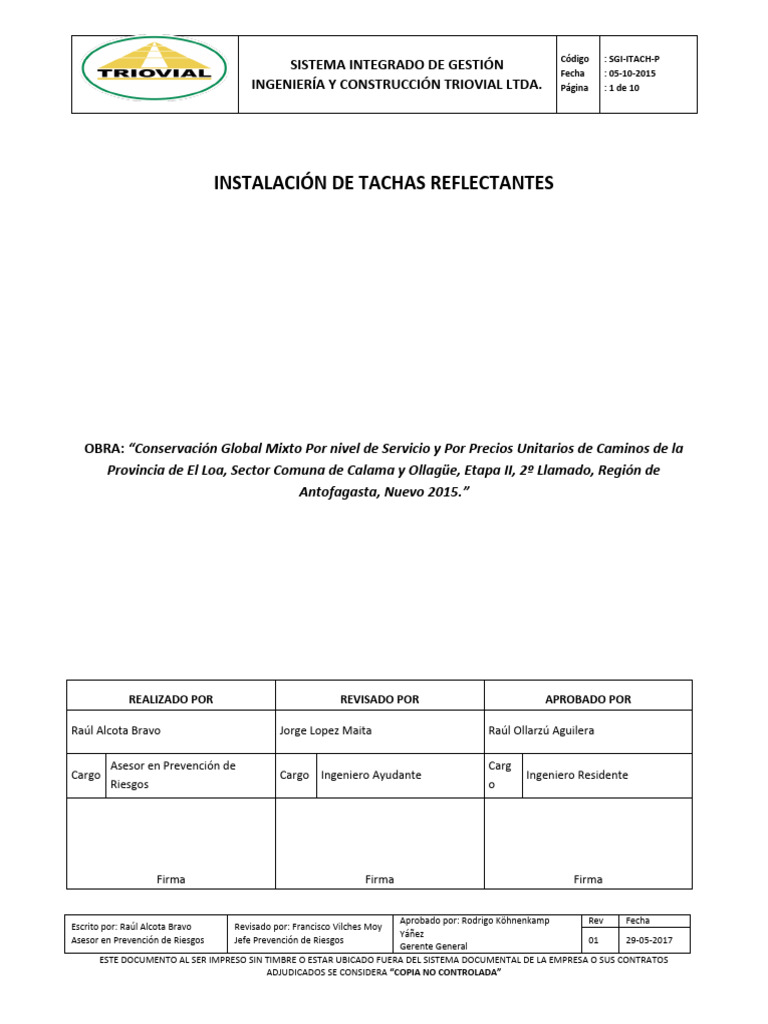 PROCEDIMIENTO INSTALACIÓN DE TACHAS | Descargar gratis PDF | Riesgo | Business