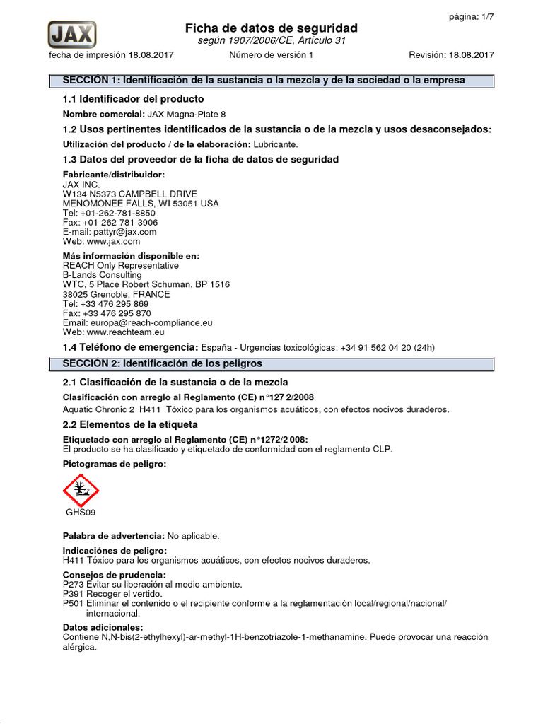 Ficha de Datos de Seguridad Jax Magna-Plate 8 | PDF | Agua | Toxicidad