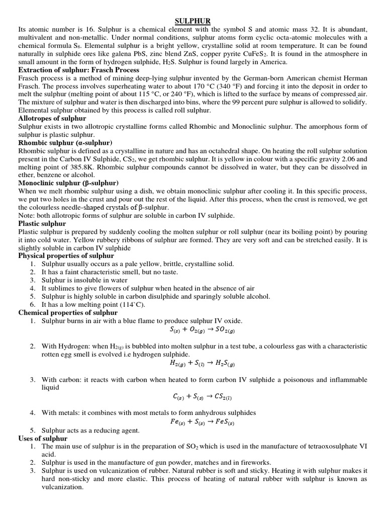 Chemistry Notes On Sulphur 2023 | PDF | Sulfur | Sulfuric Acid
