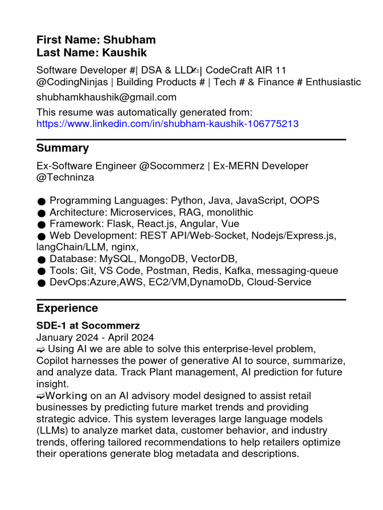 Shubham Generated Resume | PDF | Compiler | Web Development