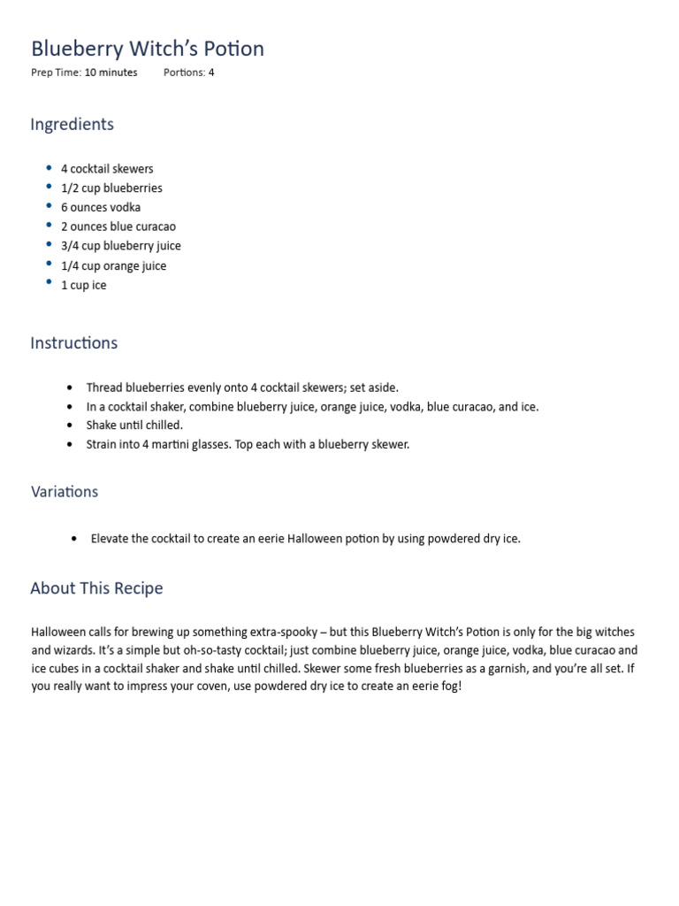 Witch's Blueberry Potion Cocktail Recipe | PDF
