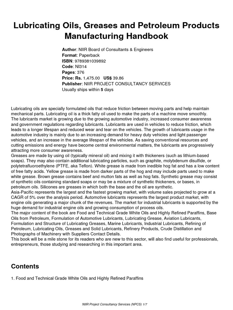 Niir Lubricating Oils Greases Petroleum Products Manufacturing Handbook ...