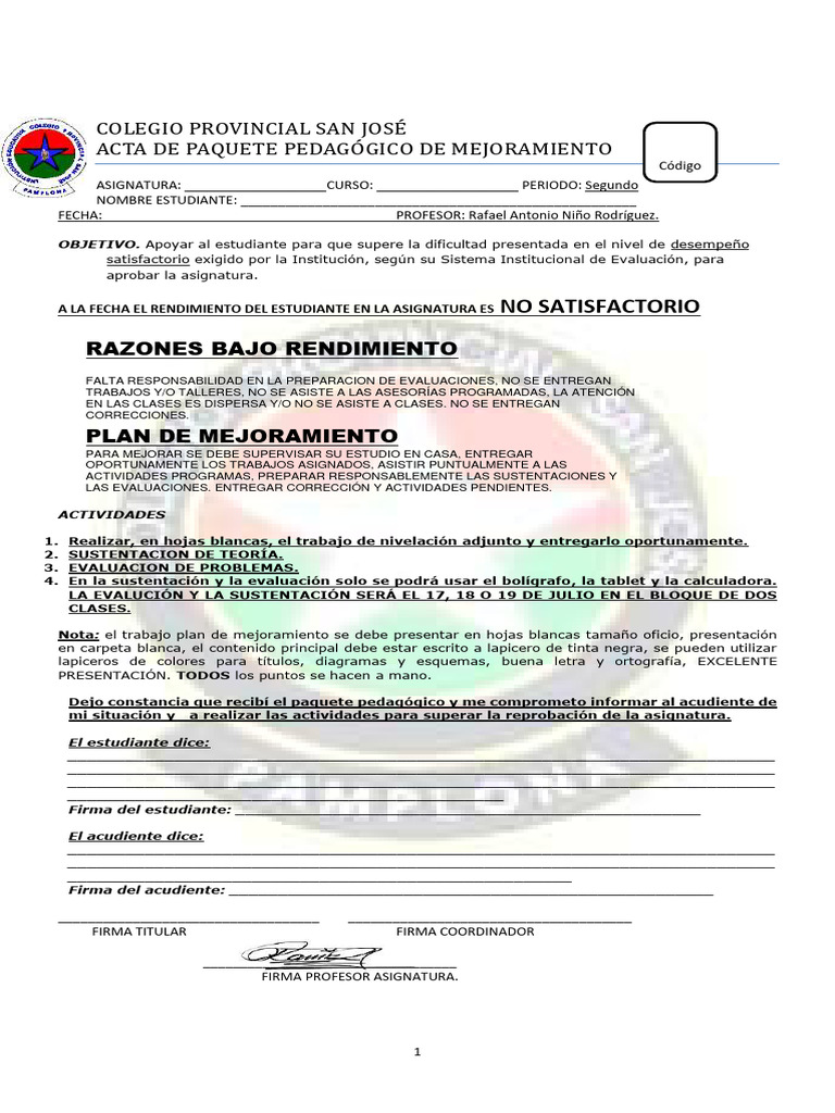 Plan de Mejoramiento 2024 F11 P2 PSJ | PDF | Calor | Física