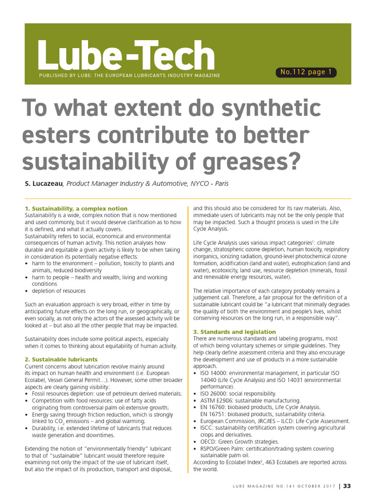 Lube Tech - : To What Extent Do Synthetic Esters Contribute To Better ...