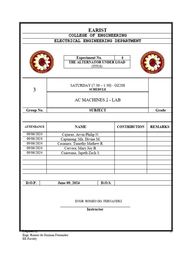 Expt. 4 THE ALTERNATOR UNDER LOAD IMPROVISING EARIST | PDF | Electric Motor | Power Supply